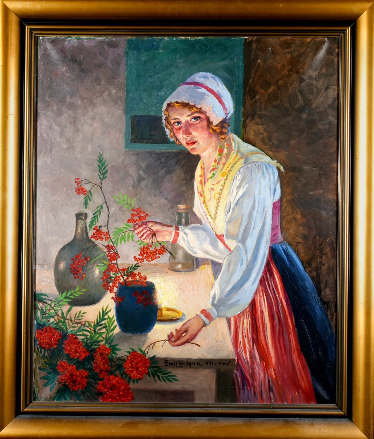 Emil Lindgren | Motif depicting a dalecarlian hill arranging a bouquet ...