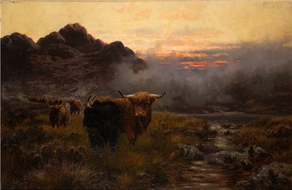 Sidney Pike | HIGHLAND BULLS AT SUNSET, 1905 (1905) | MutualArt