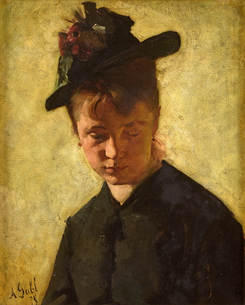 Alois Gabl | Portrait eines jungen Mädchens mit Hut (1878) | MutualArt