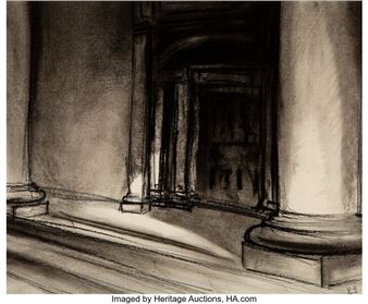 Eyvind Earle | Red Barn and Tree Snow | MutualArt