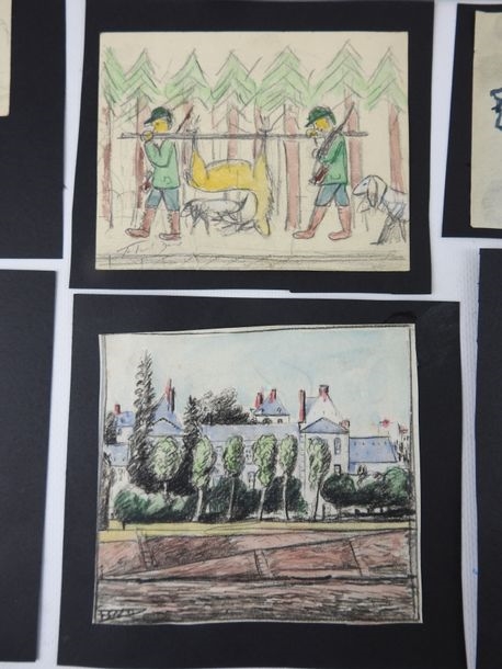 Ferdinand Desnos | lot of seven drawings with rehauts of colors on ...