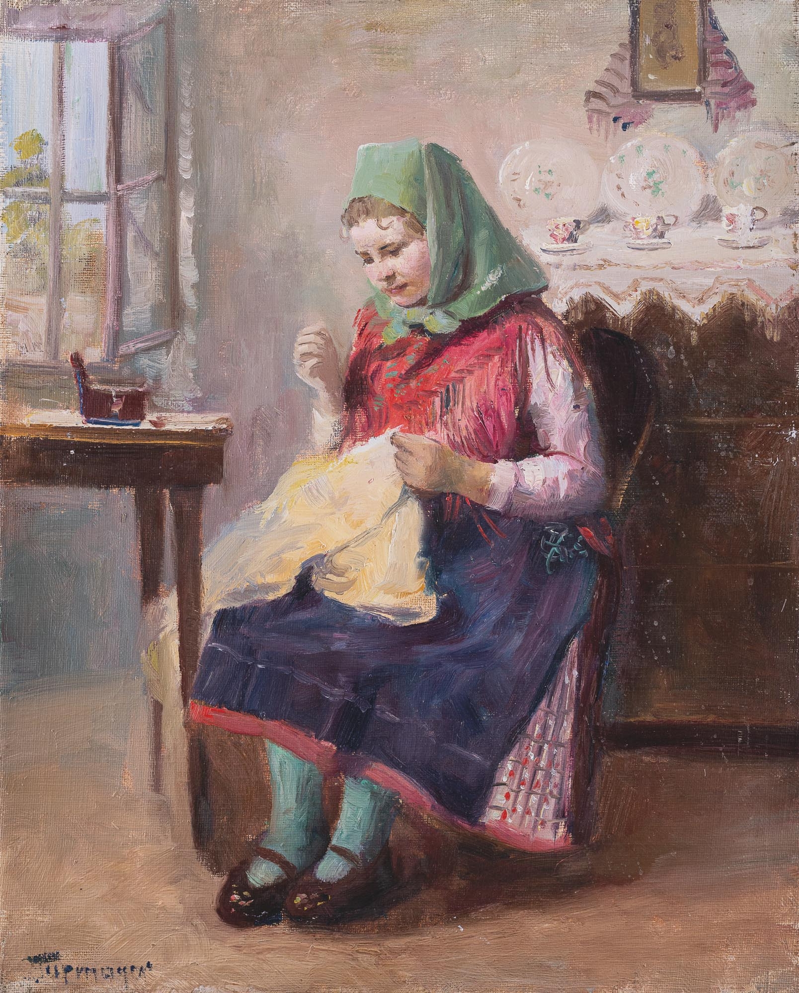 Sandor Turmayer | Girl sewing | MutualArt