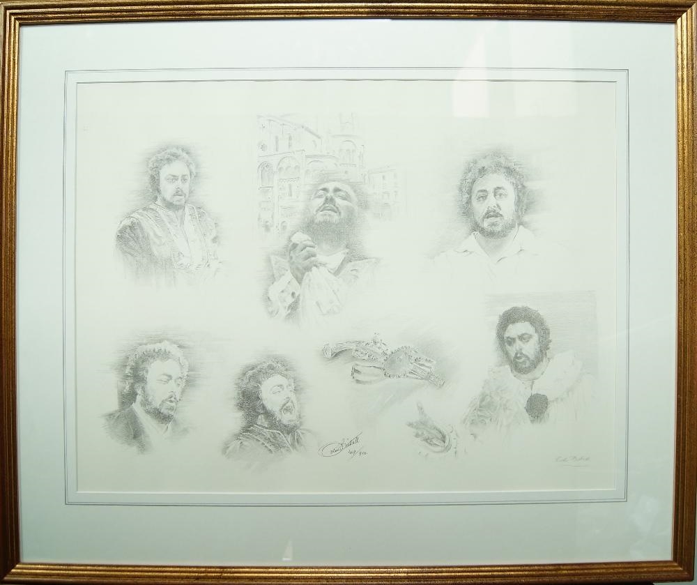 British School, 20th Century | Sketches of Pavarotti and other figures ...