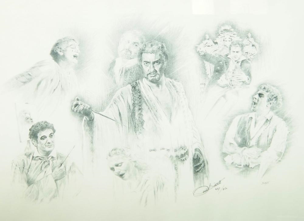 British School, 20th Century | Sketches of Pavarotti and other figures ...