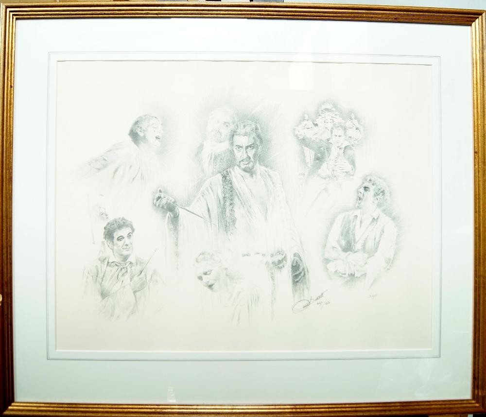 British School, 20th Century | Sketches of Pavarotti and other figures ...