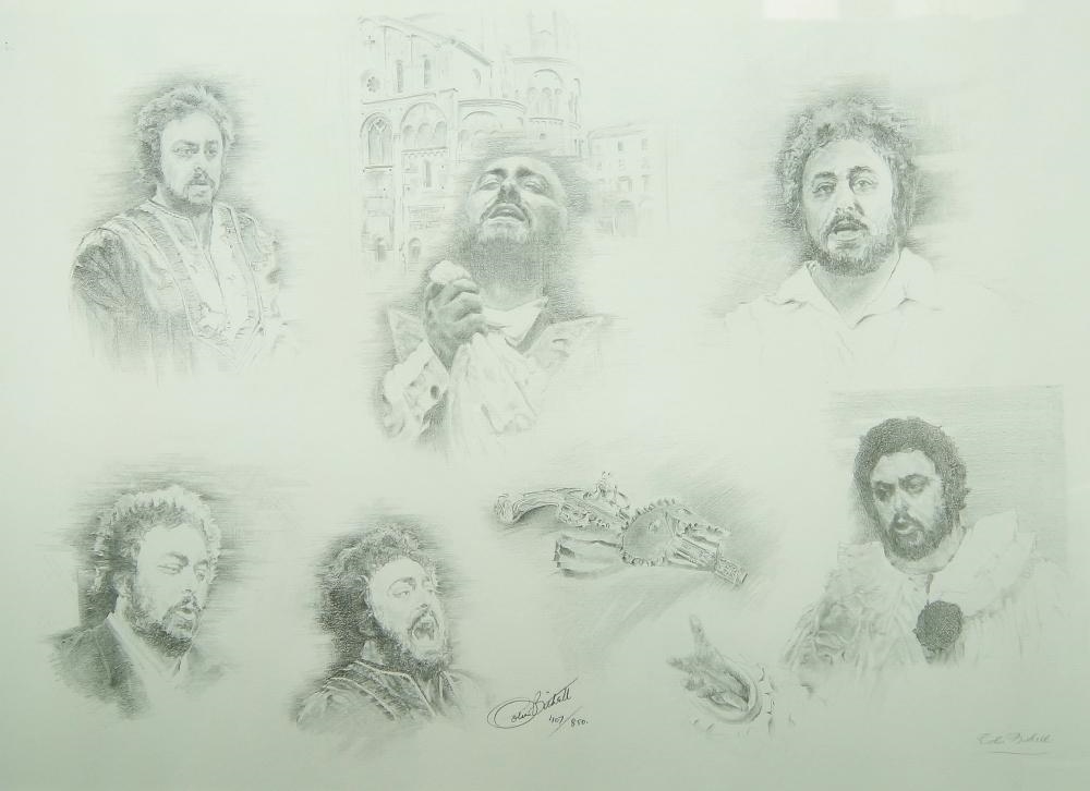 British School, 20th Century | Sketches of Pavarotti and other figures ...