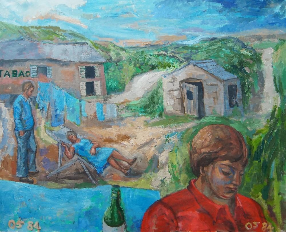 James P. Power | Women in red with bottle and laundry (1984) | MutualArt