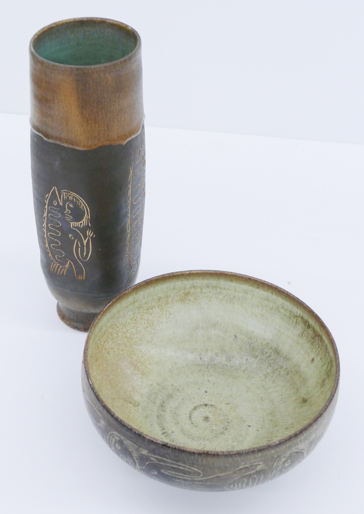 Edwin & Mary Scheier | 2pc Edwin & Mary Scheier Vase and Bowl with ...