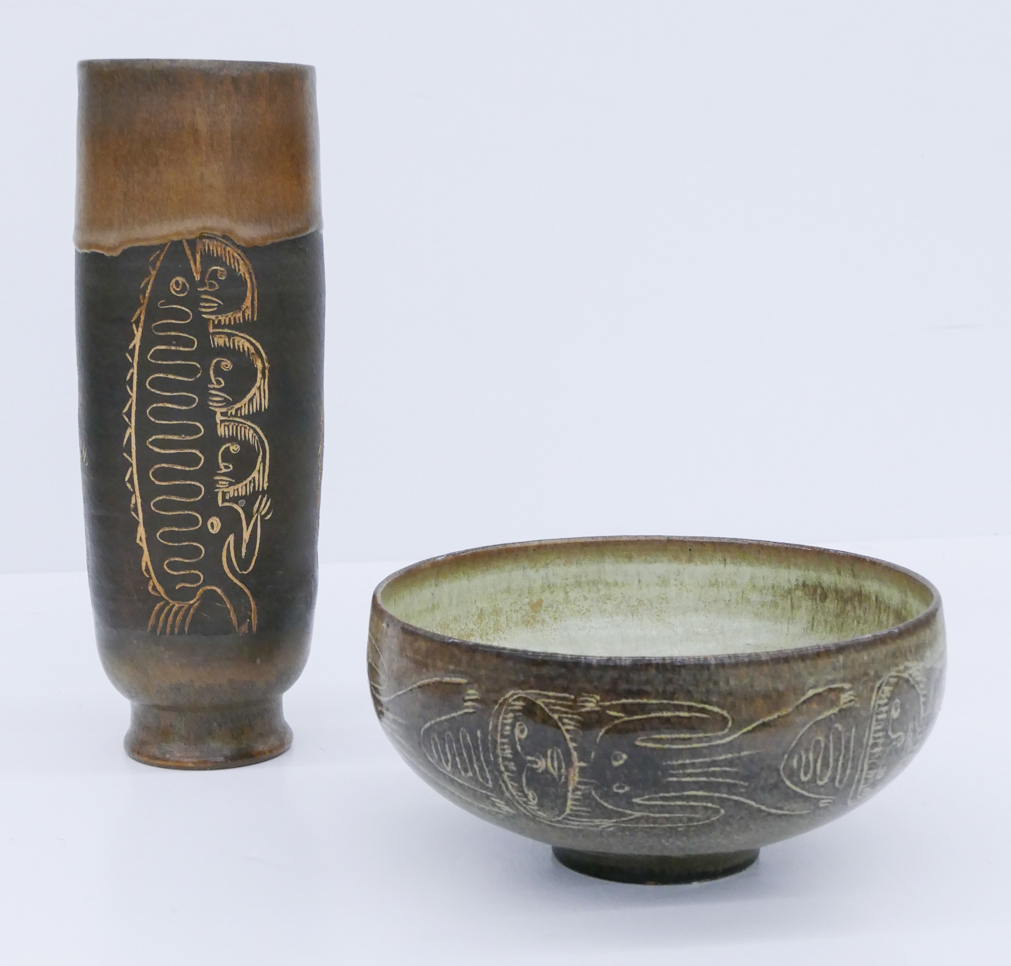 Edwin & Mary Scheier | 2pc Edwin & Mary Scheier Vase and Bowl with ...