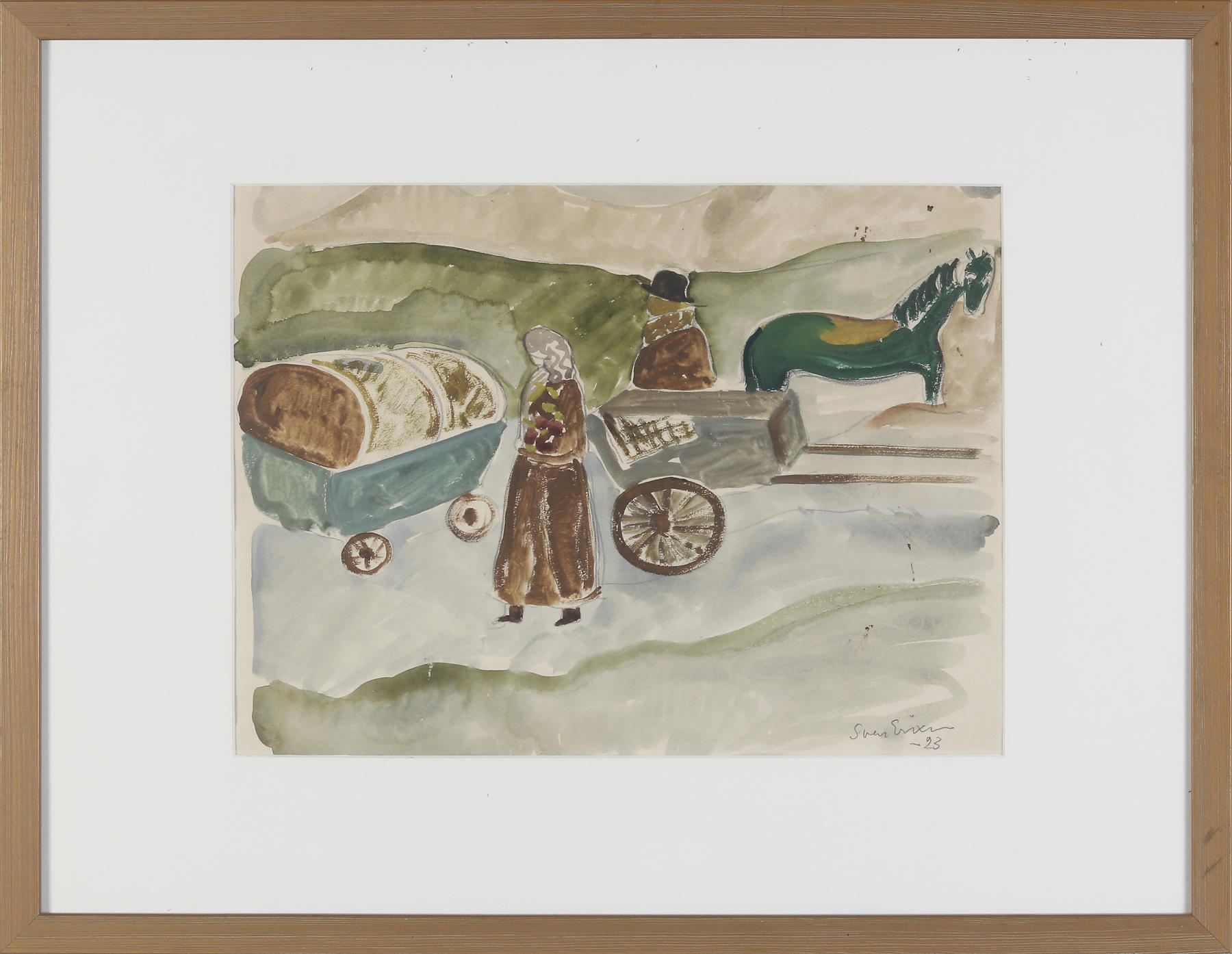 Sven Erixson | Man och kvinna med häst och vagnar | MutualArt