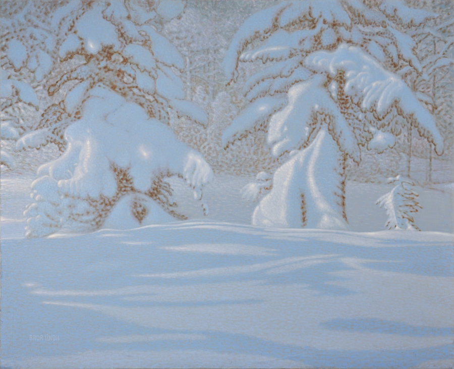 Bror Lindh | Snötyngda granar en skimrande vinterdag | MutualArt