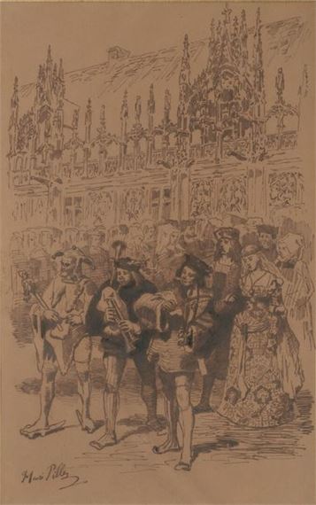 Henri Pille | Animated scene in front of a cathedral | MutualArt