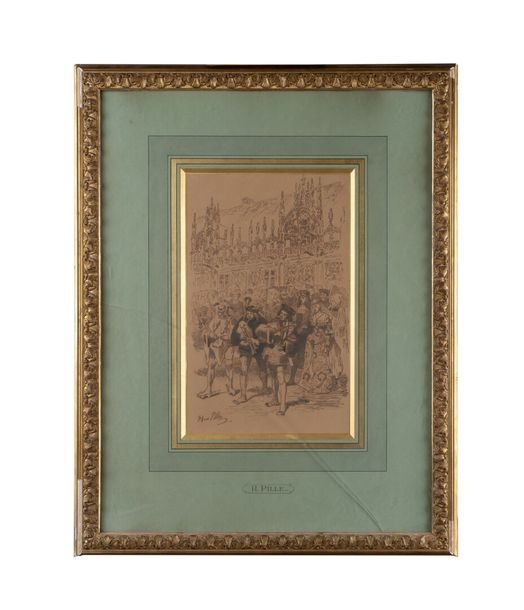 Henri Pille | Animated scene in front of a cathedral | MutualArt