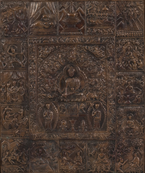 Tibetan School | A COPPER-REPOUSSÉ RELIEF THANGKA SHOWING BUDDHA'S LIFE ...