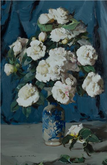 Alan Douglas Baker | Still Life with White Roses in Blue and White Vase ...