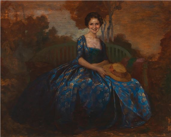 Viktor Schramm | A Young Lady in a Blue Dress Holding a Hat (1865 ...