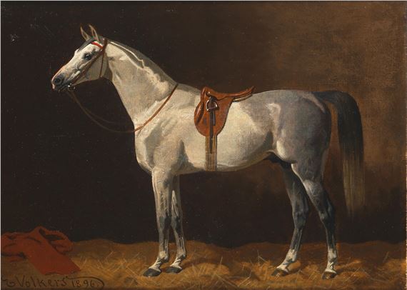 Emil Volkers | A Saddled White Horse in a Stable (1896) | MutualArt