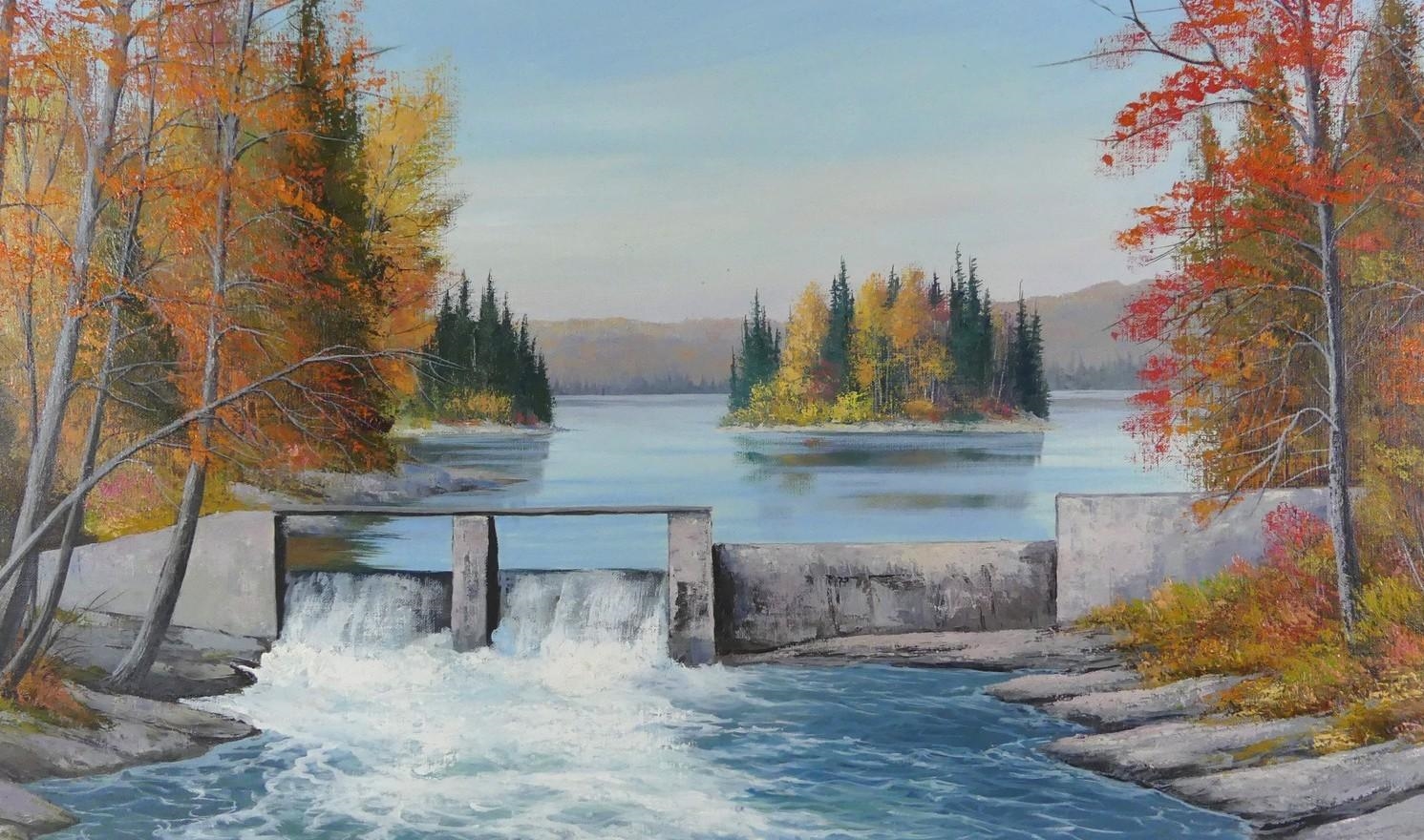 ELDON A. LEIS | Untitled: Fall River Scene with Dam | MutualArt