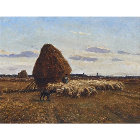 Charles Émile Jacque | Flock of Sheep at a Hay Bale | MutualArt