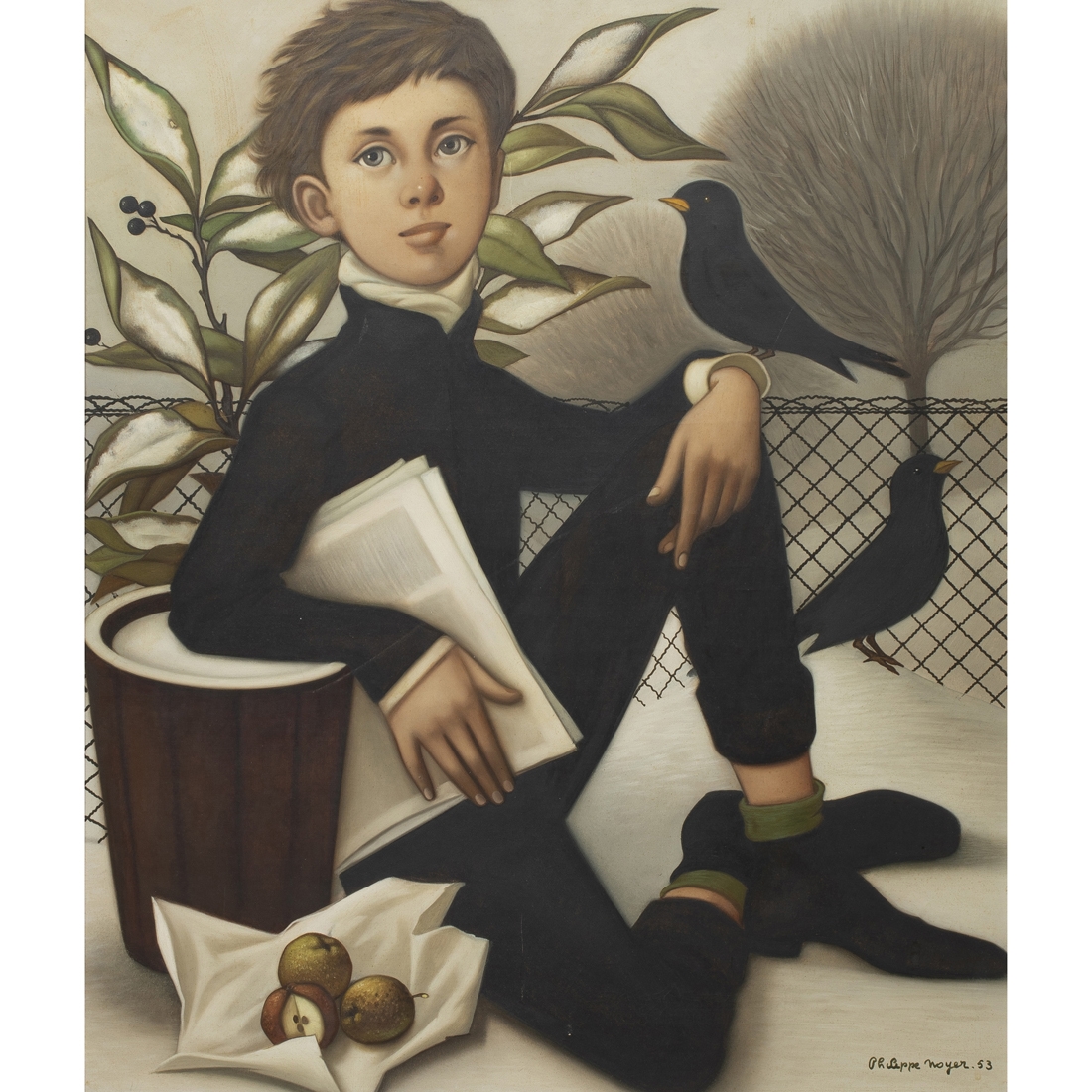 Philippe Henri Noyer | Young Boy with Black Birds (1953) | MutualArt