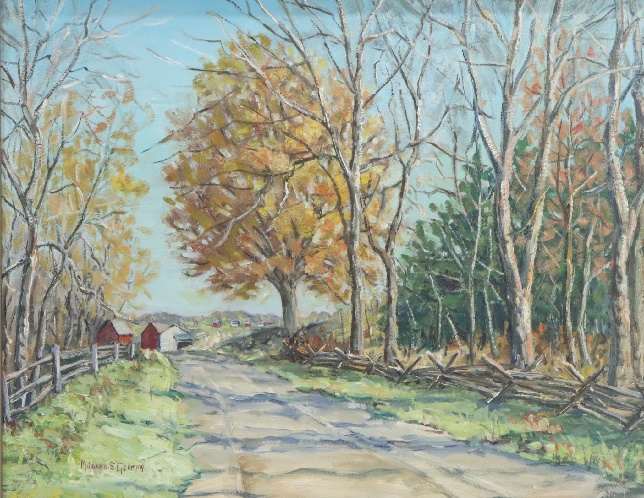 Mildred S. Gehman | Autumn landscape with farm buildings in the ...