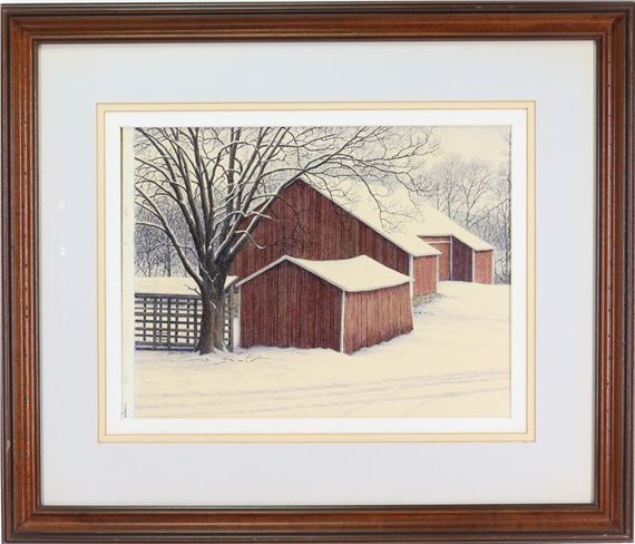 Peter Keating | Winter landscape with a snow covered barn and shed ...