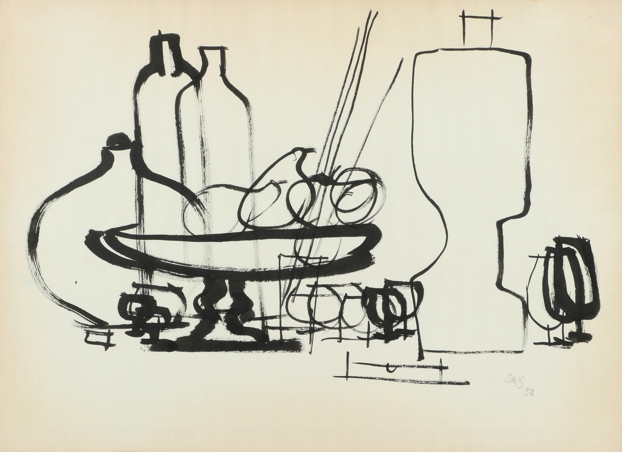 Gustav Seitz | Stillleben mit Flaschen und Obst (1957) | MutualArt