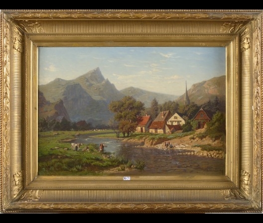 Jean Theodore | Vue d’un village Suisse traversé par une rivière (1868 ...