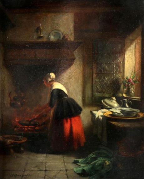 Hendricus Johannes Scheeres | Interieur met vrouw bij schouw | MutualArt