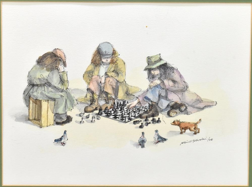 Albin Trowski | park scene with tramps playing chess | MutualArt