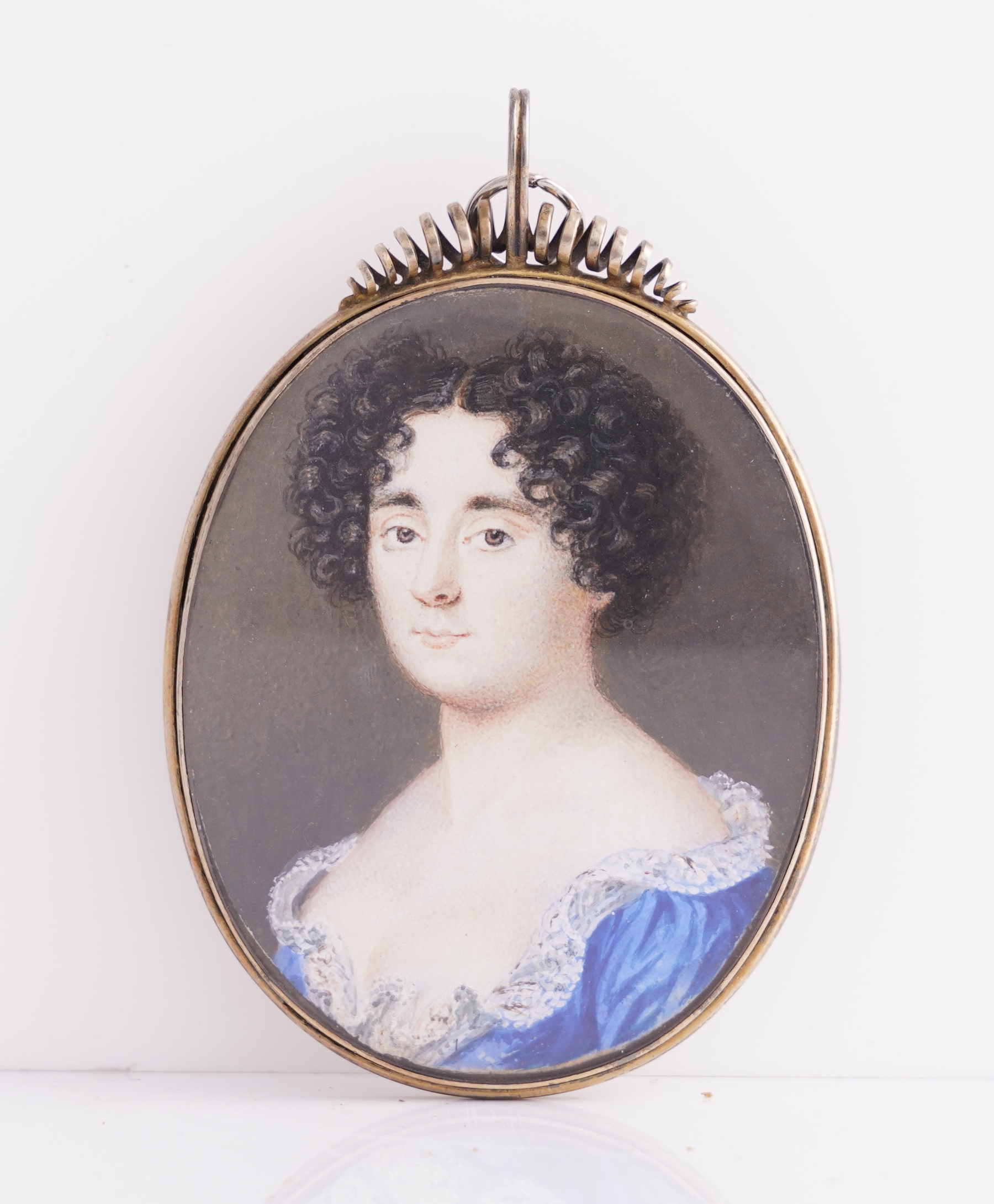 Peter Cross | Portrait miniature of a lady in a blue dress with frilled ...