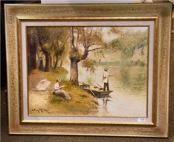 William Mercier | River landscape with man fishing from a punt | MutualArt