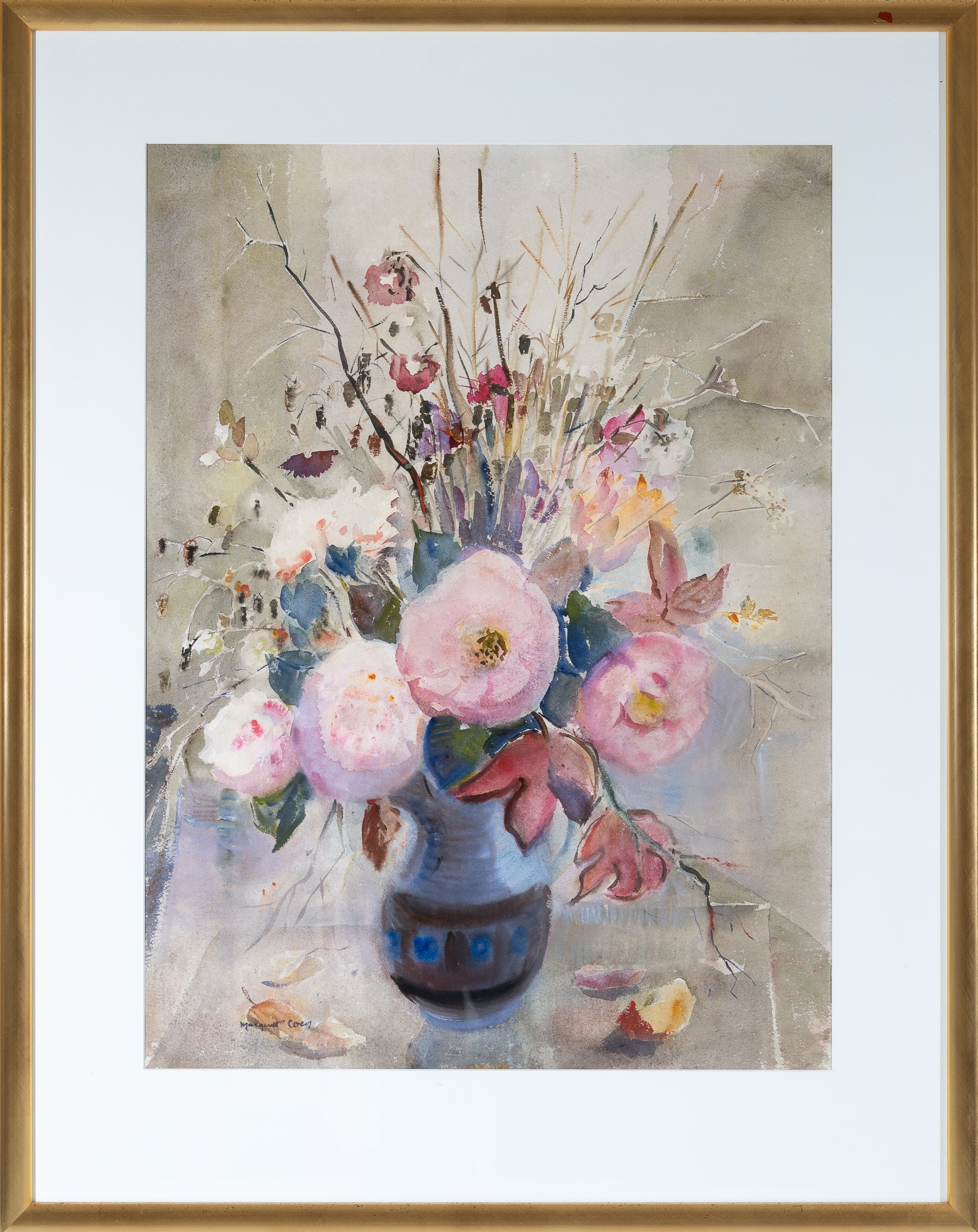 Margaret Coen | Still life with pink flowers and blue jug | MutualArt