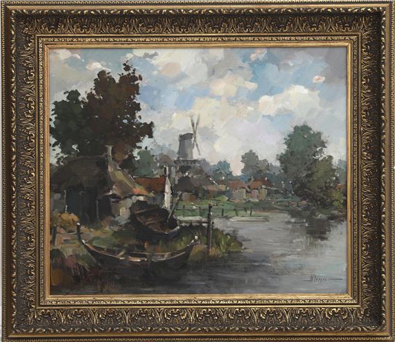 Harry Zeegers | 'Poldergezicht, huizen en molen aan de waterkant ...