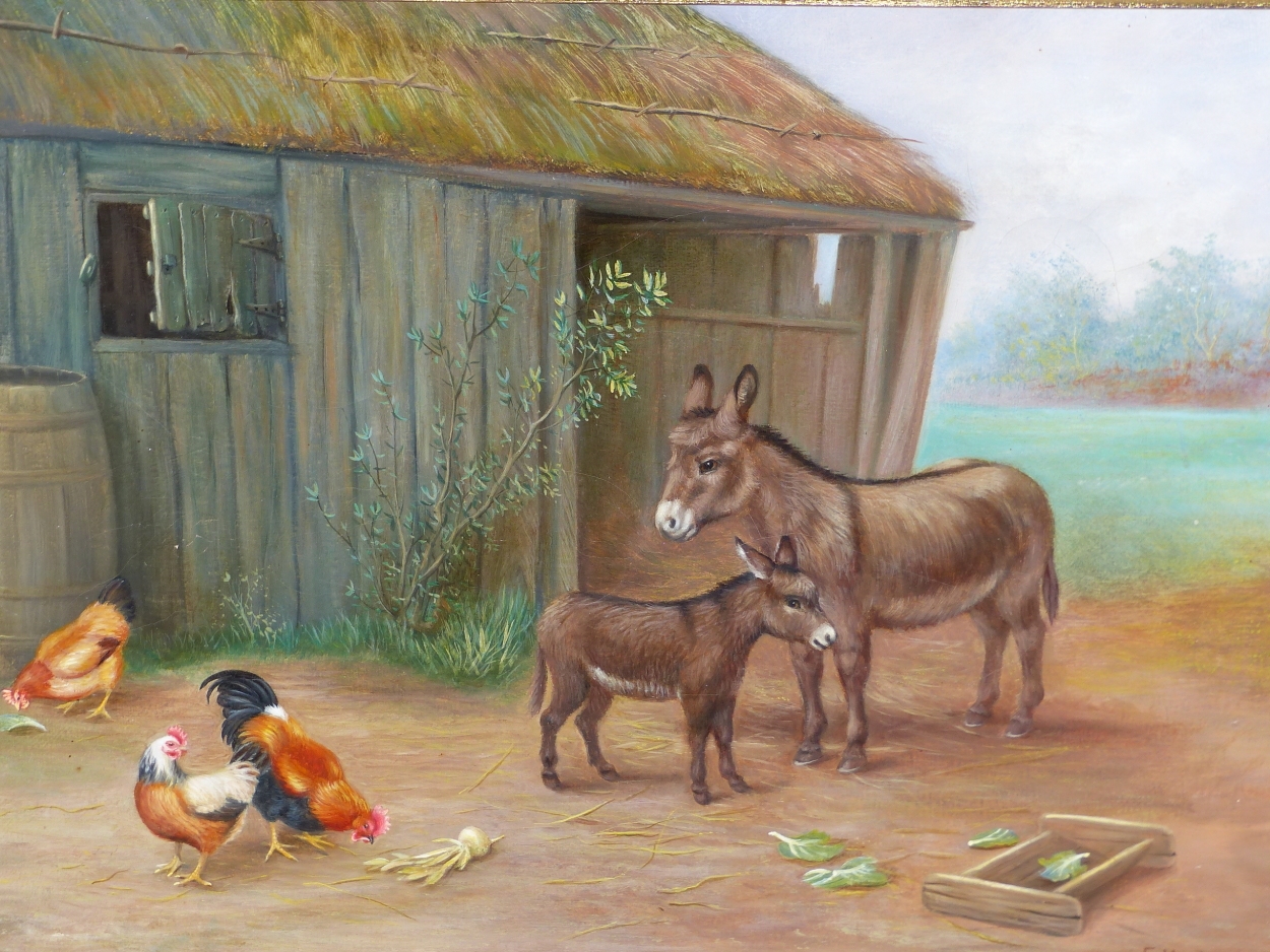 Edgar Hunt | FOWL AND DONKEYS OUTSIDE A STABLE | MutualArt