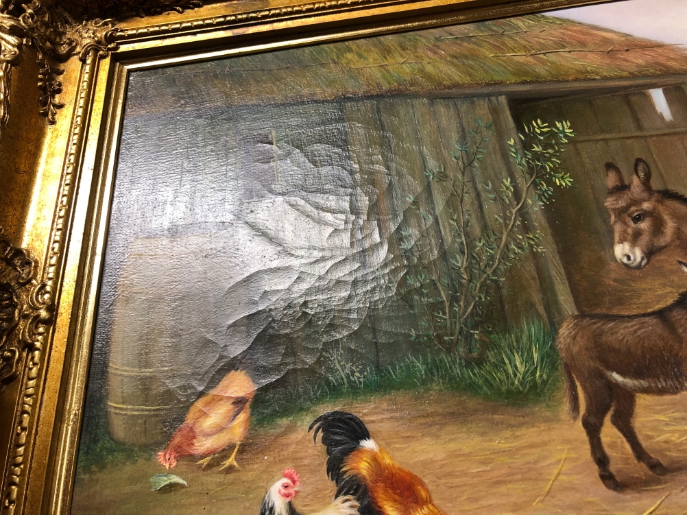 Edgar Hunt | FOWL AND DONKEYS OUTSIDE A STABLE | MutualArt