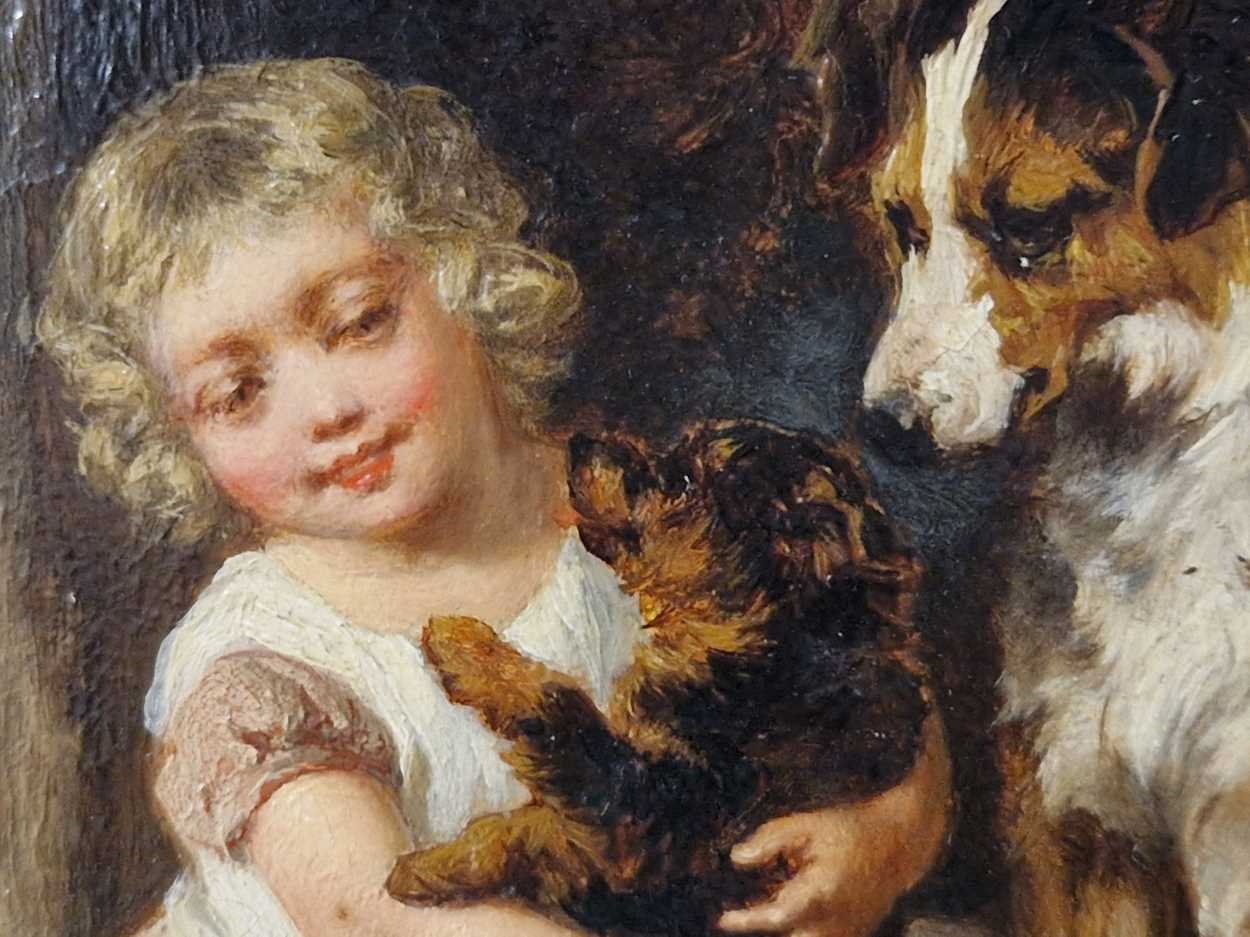 George Augustus Holmes | A girl playing with a puppy with a Border ...