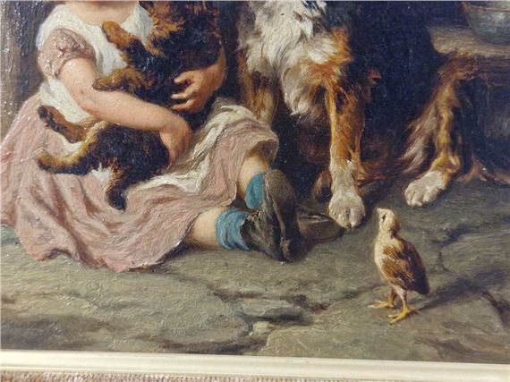 George Augustus Holmes | A girl playing with a puppy with a Border ...