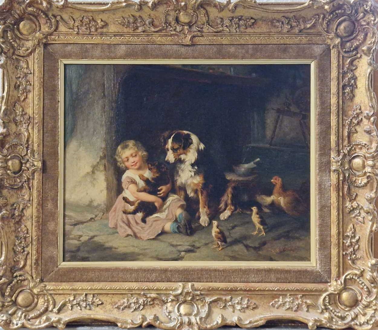 George Augustus Holmes | A girl playing with a puppy with a Border ...