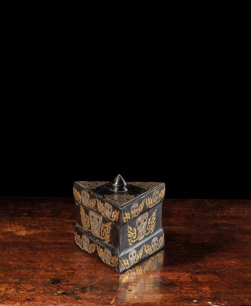 Tibetan School, 17th Century | Triangular iron box with gold and silver ...