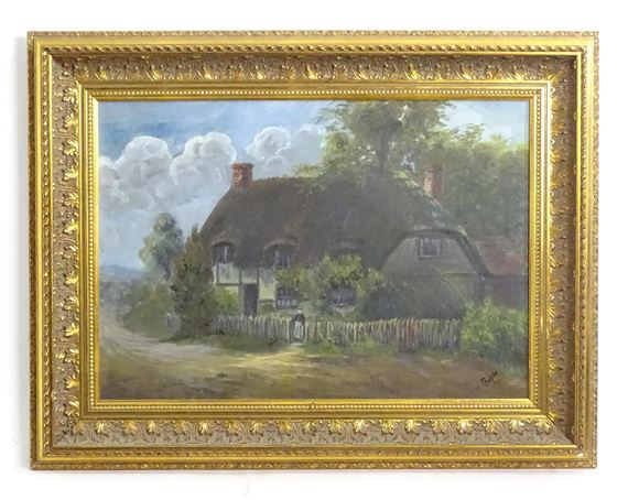 W. Cooper | A village scene with a woman outside a thatched cottage ...