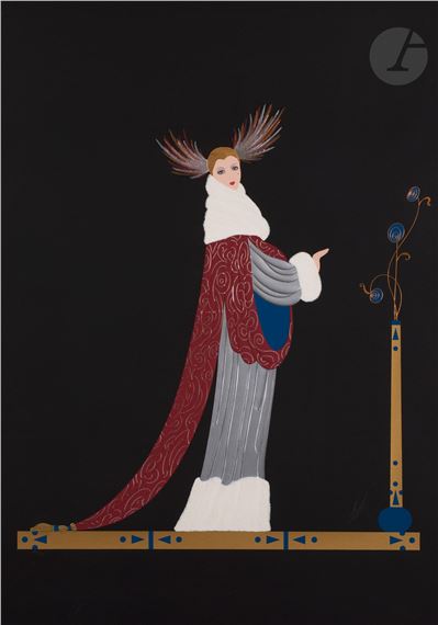 Erté | Elegant woman with a hat with aigrettes. | MutualArt