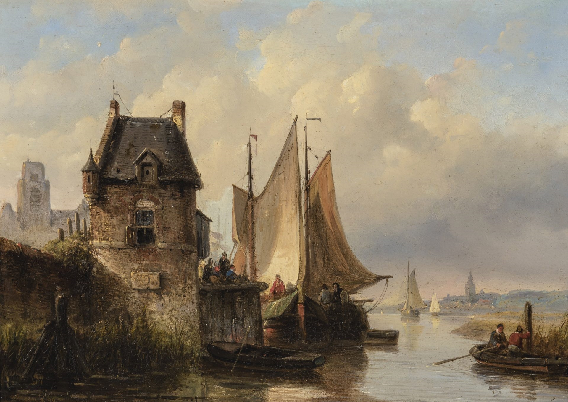 Cornelis Petrus 't Hoen | A River Landscape with Boats and Figures on a ...