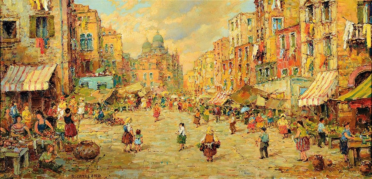 Salvatore Catalano | busy Venetian street scene (1950 - 1960) | MutualArt