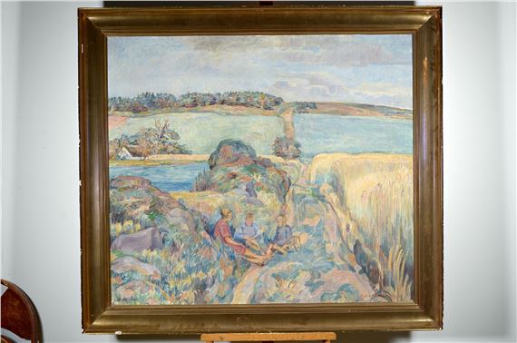 Carl Rasmussen | 3 boys in a harvest landscape | MutualArt