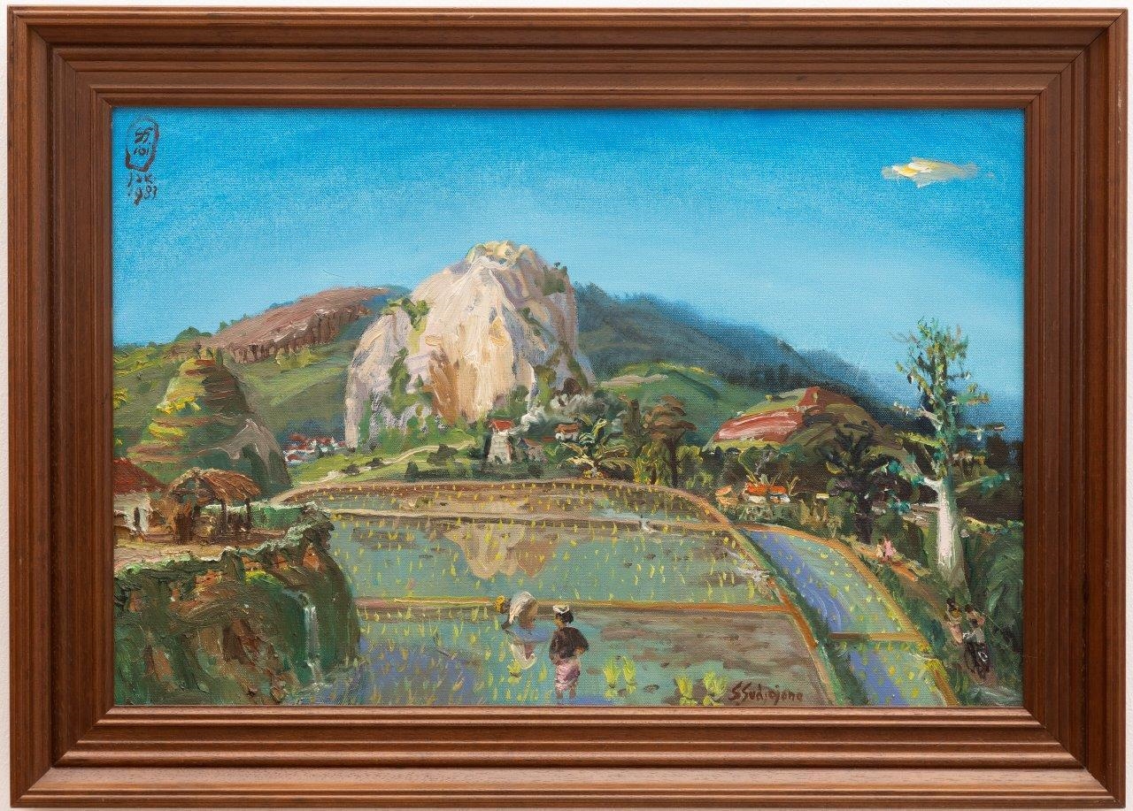 S. Sudjojono | An Indonesian landscape with rice planters in the sawahs ...