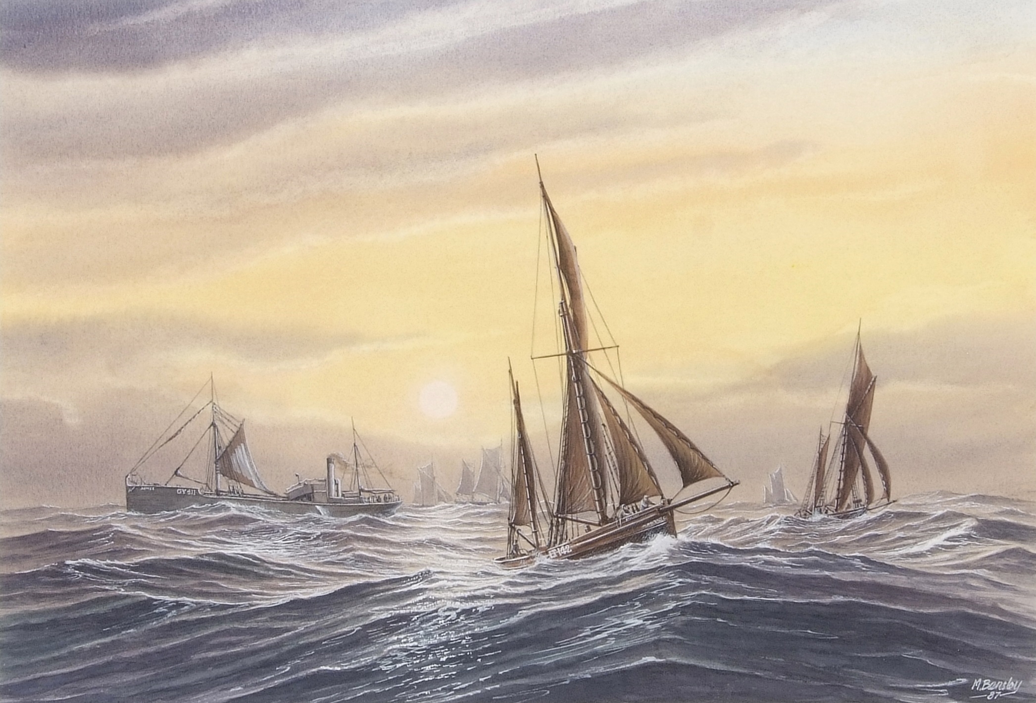 Mick Bensley | A flotilla of ships under low sunlight | MutualArt