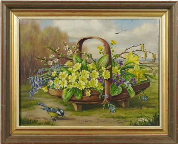 Constance Cooper | Bird before flowers in a trug basket (1971) | MutualArt