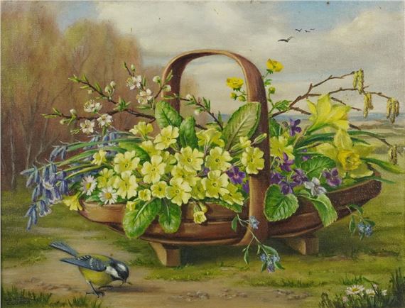 Constance Cooper | Bird before flowers in a trug basket (1971) | MutualArt