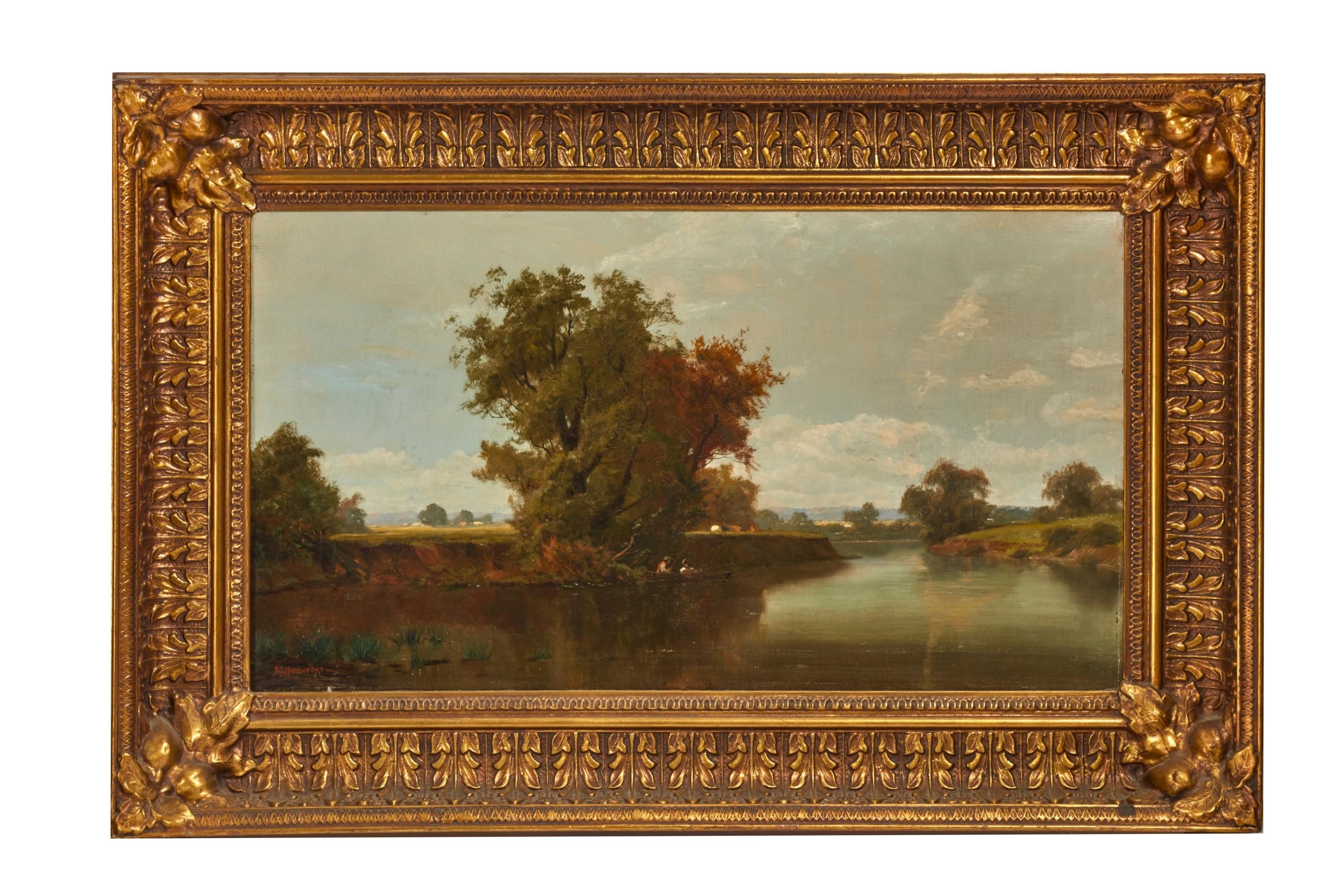 Ransome Gillet Holdredge | Fisherman in a rowboat on a river in an open ...